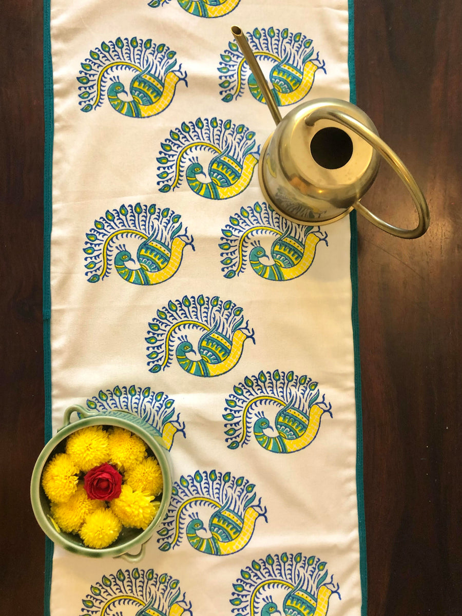 Hand Block Print Peacock Print Cotton Table Runner – MnR Decor
