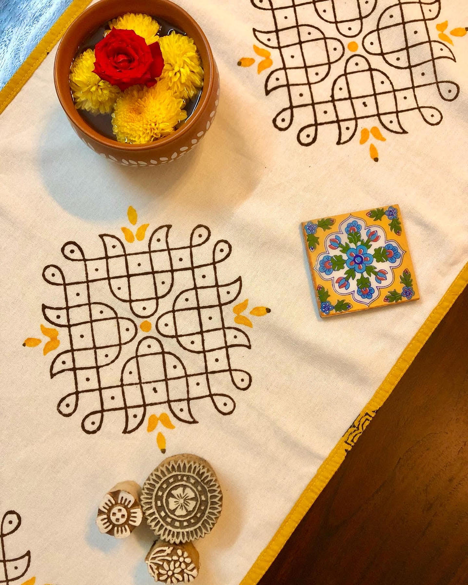 Hand Block Printed Kolam Print Cotton Table Runner – MnR Decor