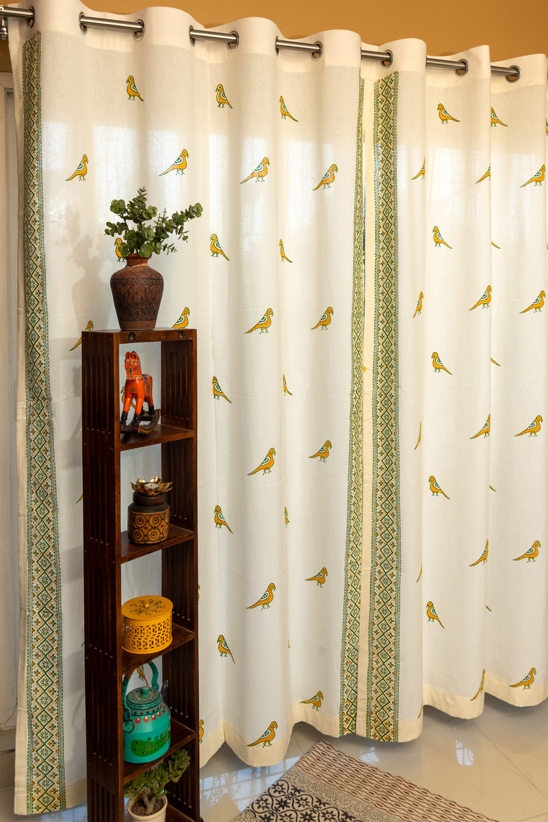 Mustard and Green Parrot Motif Print Cotton Curtains – MnR Decor