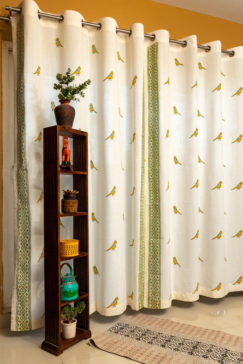 Mustard and Green Parrot Motif Print Cotton Curtains – MnR Decor